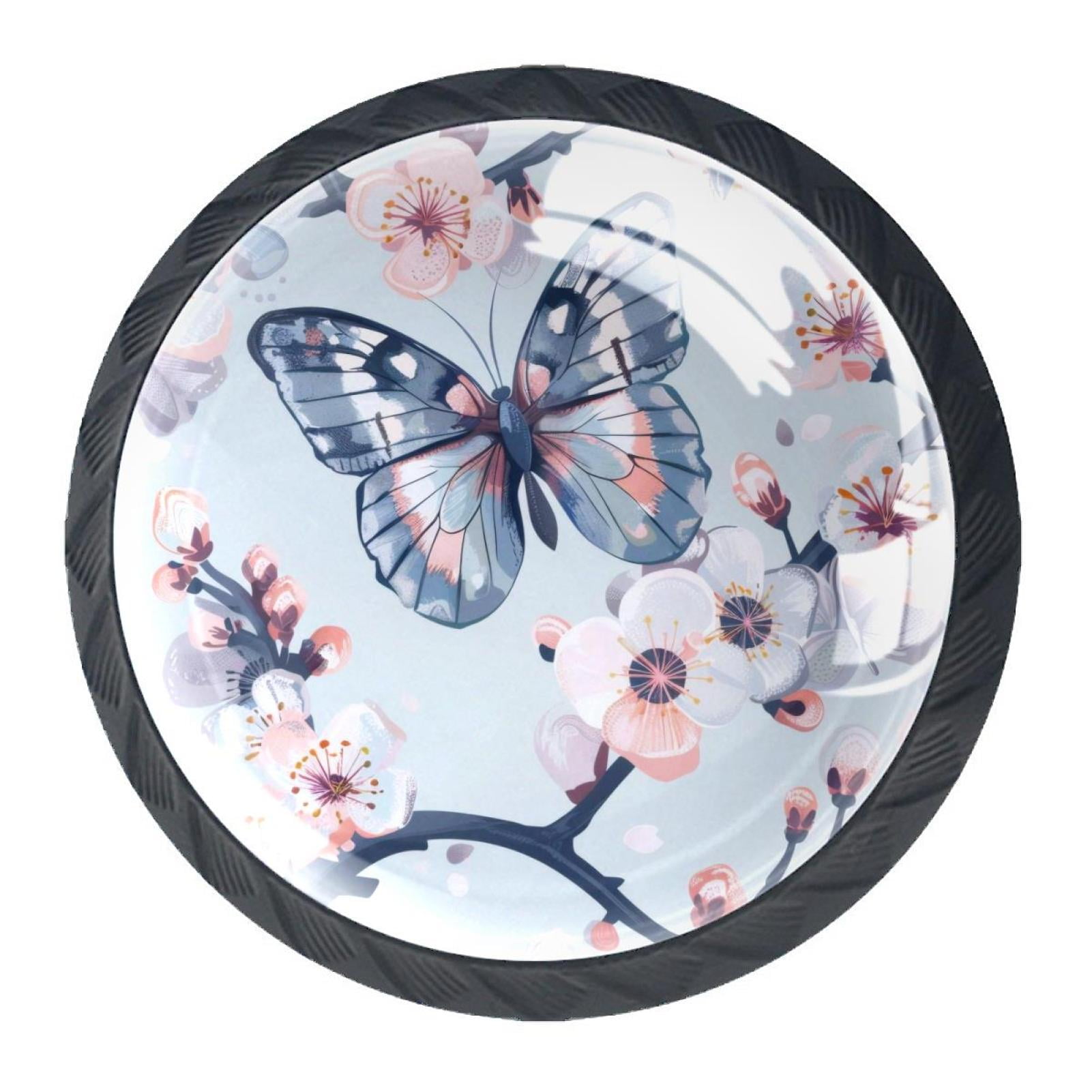 4 Pack Black Drawer Knobs, Butterfly Cherry Cabinet Knobs Round Glass Knobs for Kitchen Cabinet ...