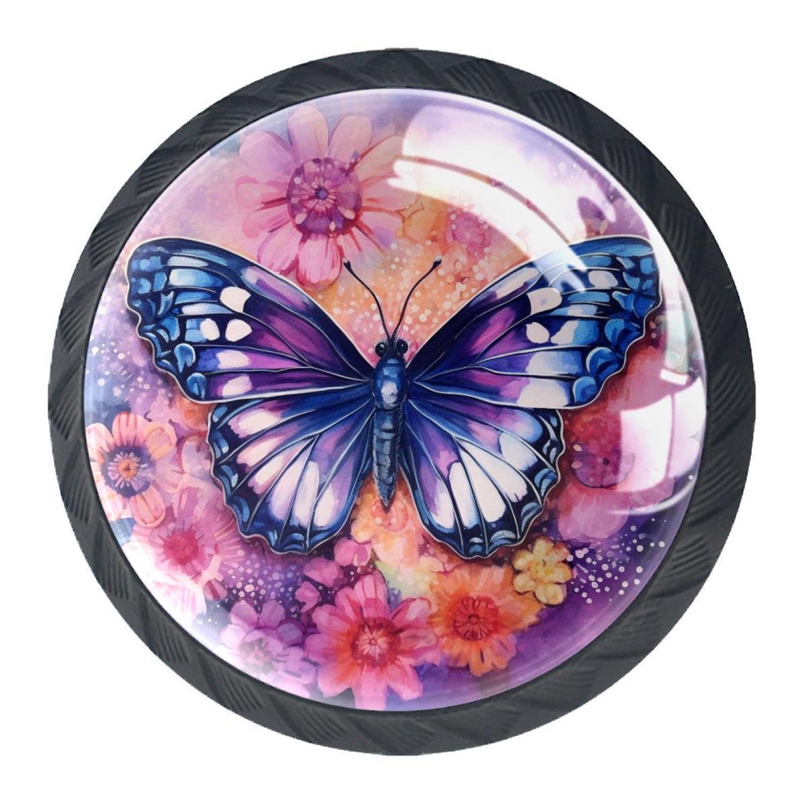 4 Pack Black Drawer Knobs, Butterfly Flower Cabinet Knobs Round Glass ...