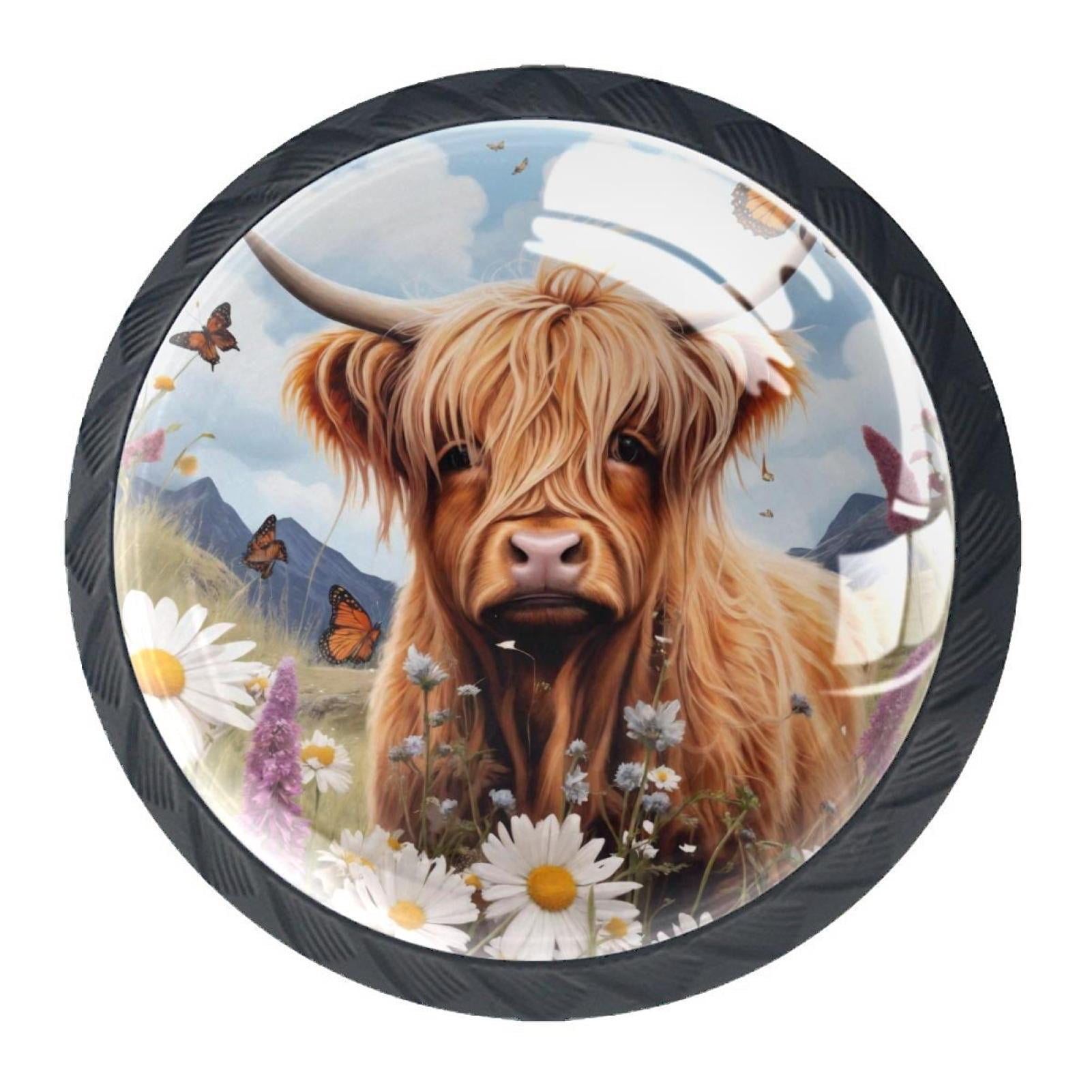 4 Pack Black Drawer Knobs, Cow Daisy Butterflies Cabinet Knobs Round ...