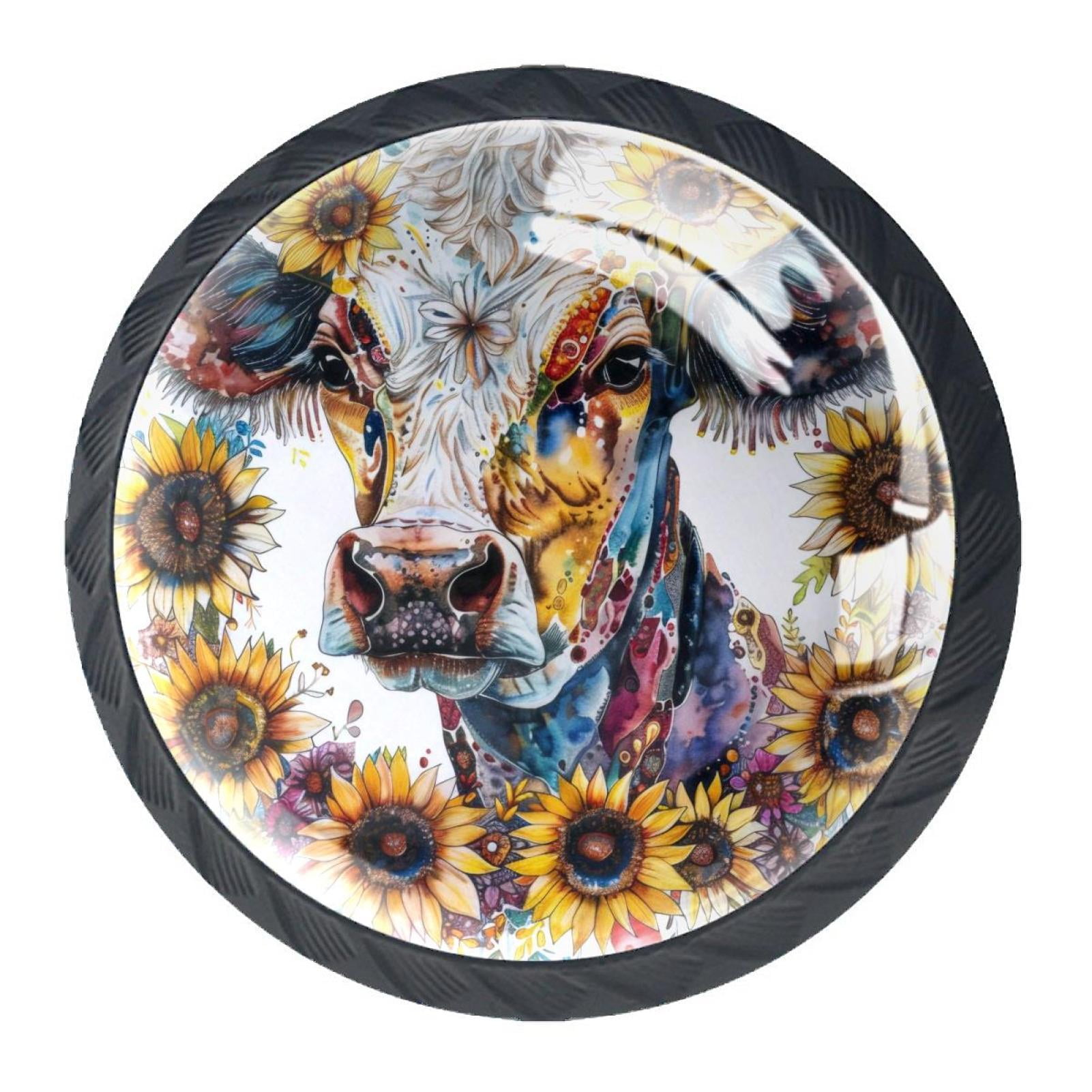 4 Pack Black Drawer Knobs, Cow Sunflowers Wreath Cabinet Knobs Round ...