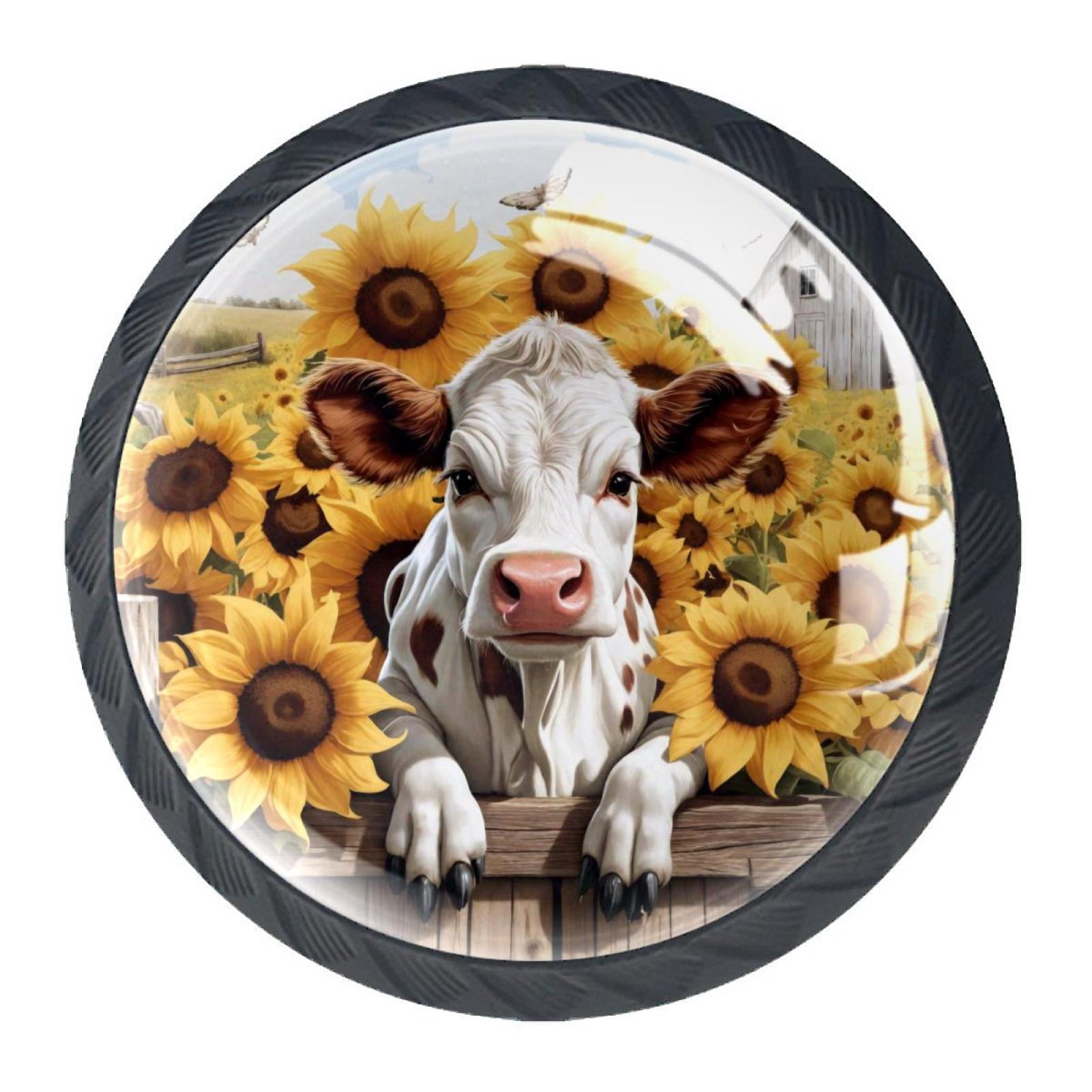 4 Pack Black Drawer Knobs, Cow Sunflowers on Rustic Plank Cabinet Knobs ...