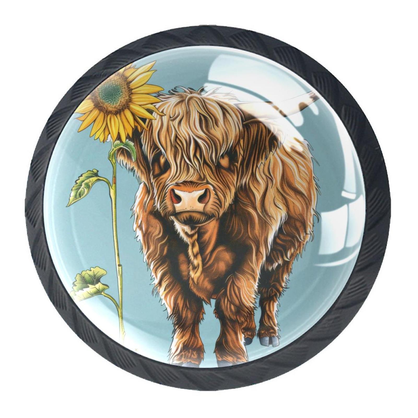 4 Pack Black Drawer Knobs, Cow with Sunflower Cabinet Knobs Round Glass ...