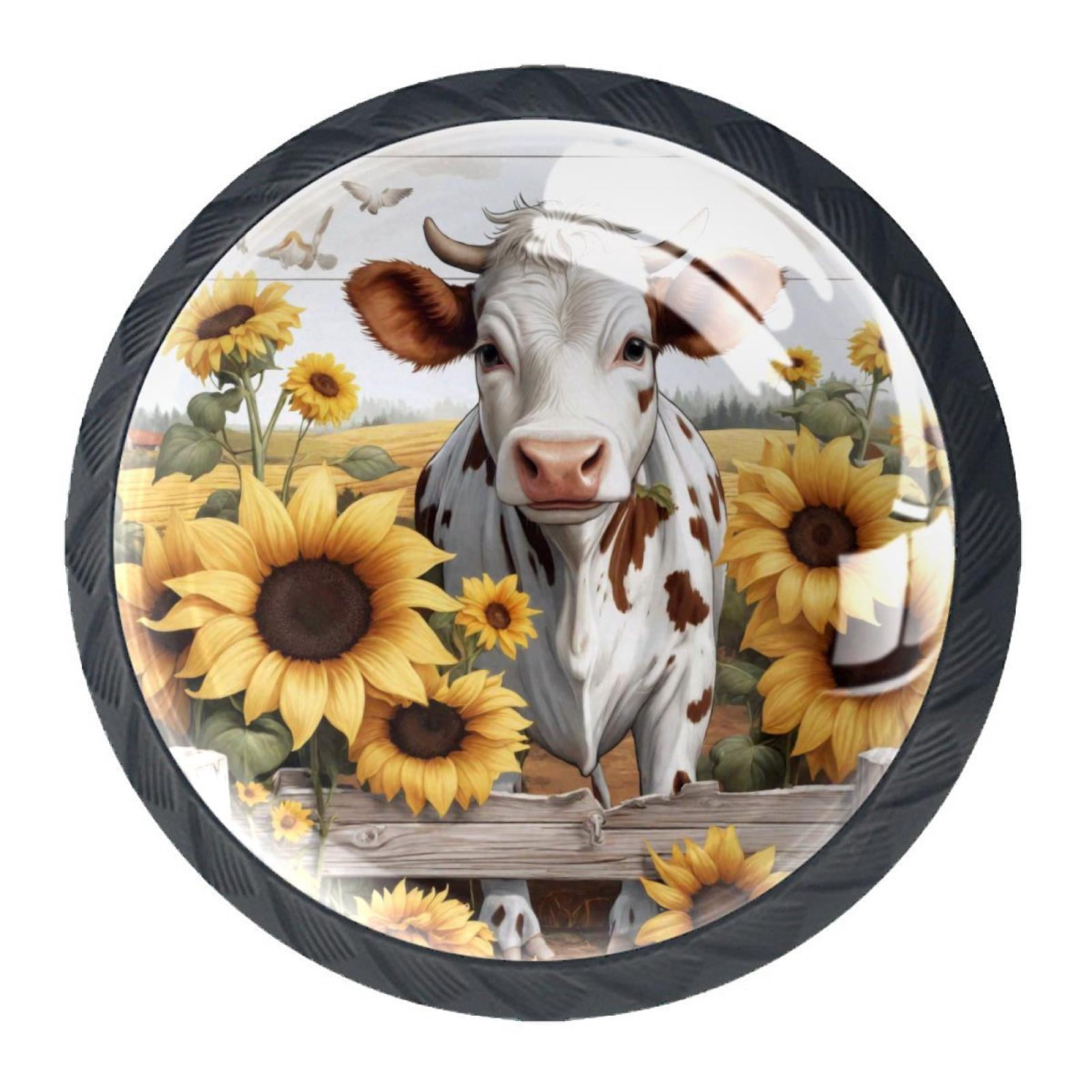 4 Pack Black Drawer Knobs, Farm Cow Sunflower on Rustic Plank Cabinet ...