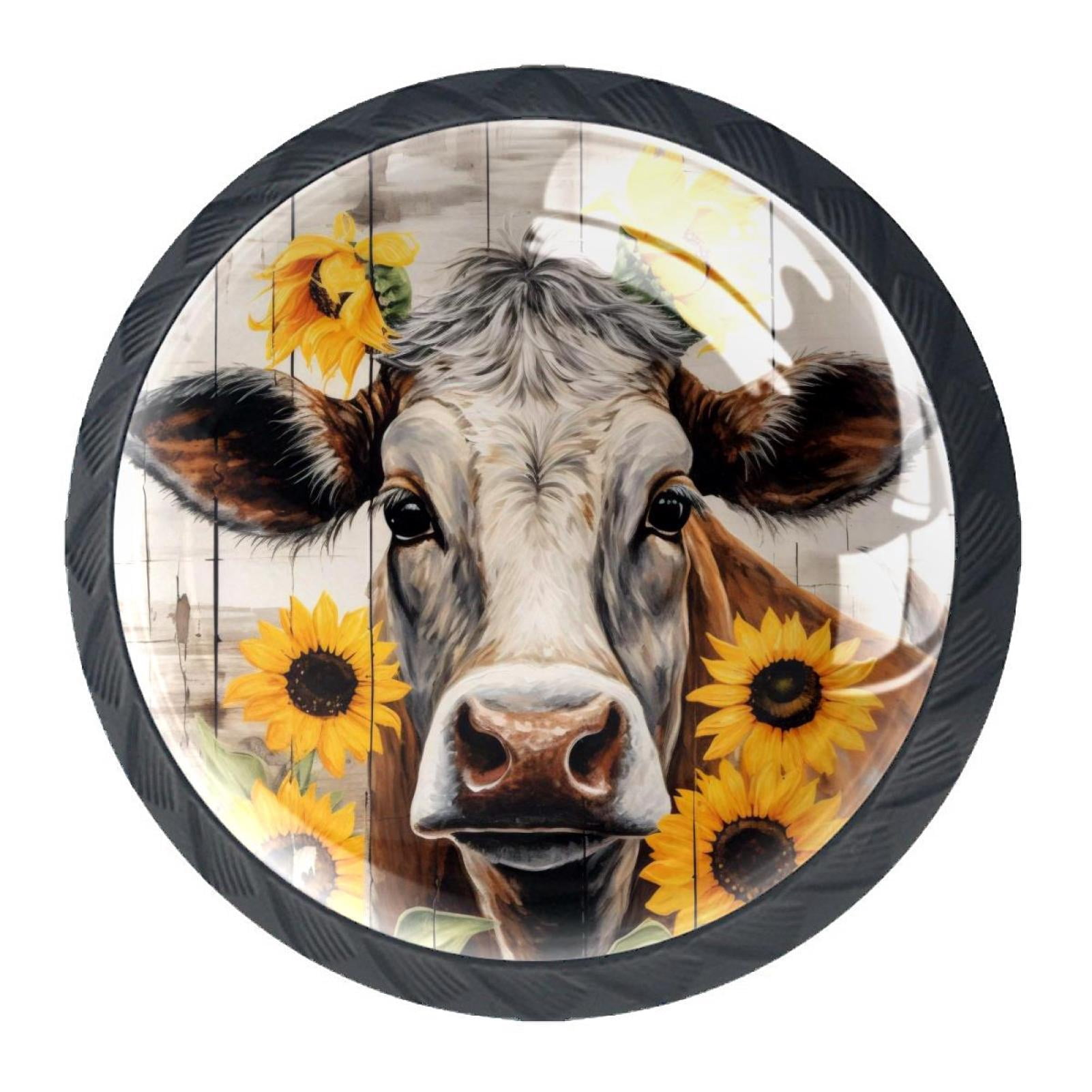 4 Pack Black Drawer Knobs, Farmhorse Cow Sunflower on Rustic Plank ...