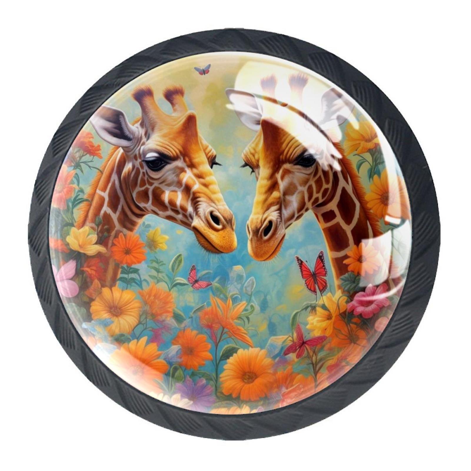 4 Pack Black Drawer Knobs, Giraffe Flower Cabinet Knobs Round Glass ...