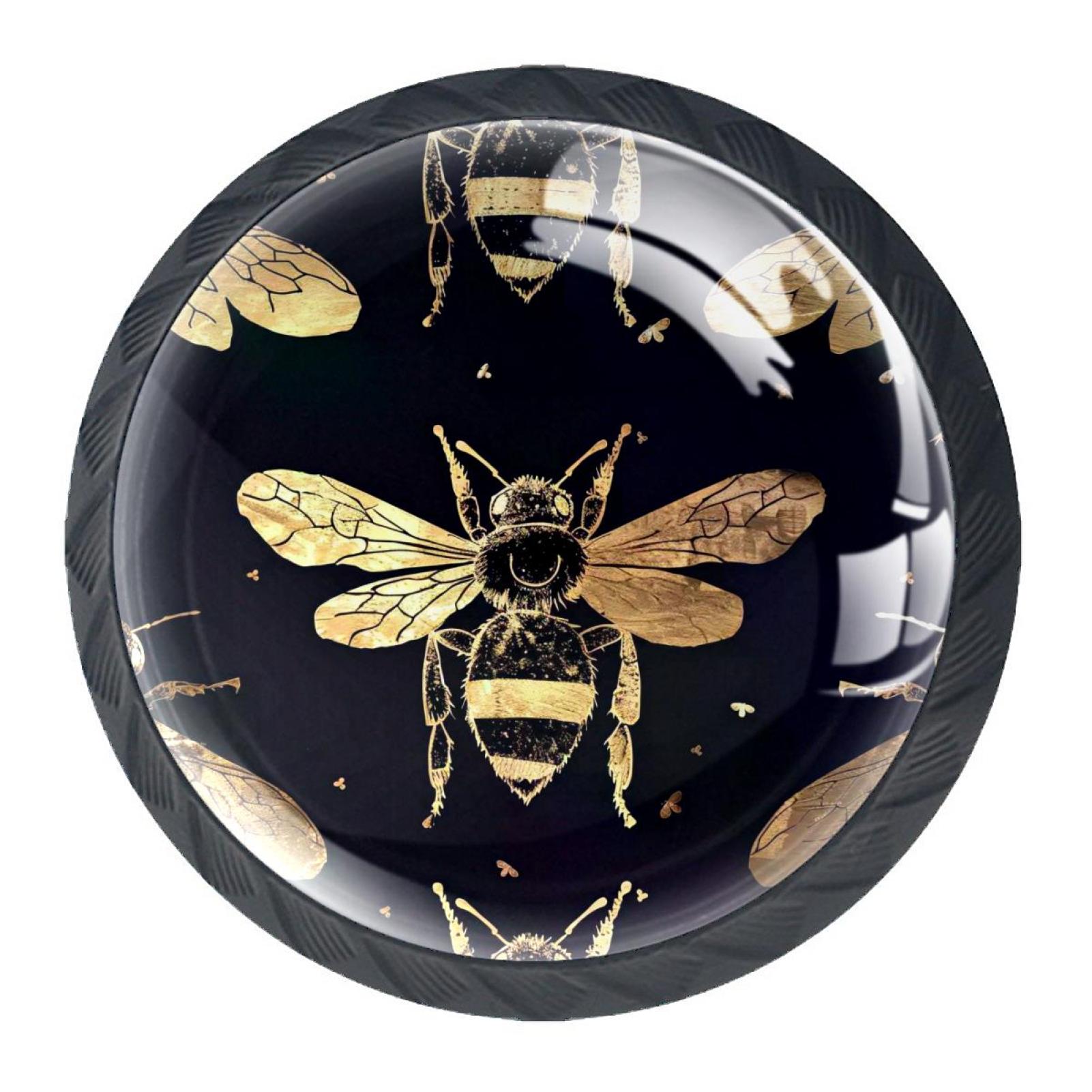4 Pack Black Drawer Knobs, Golden Bees Cabinet Knobs Round Glass Knobs for Kitchen Cabinet ...