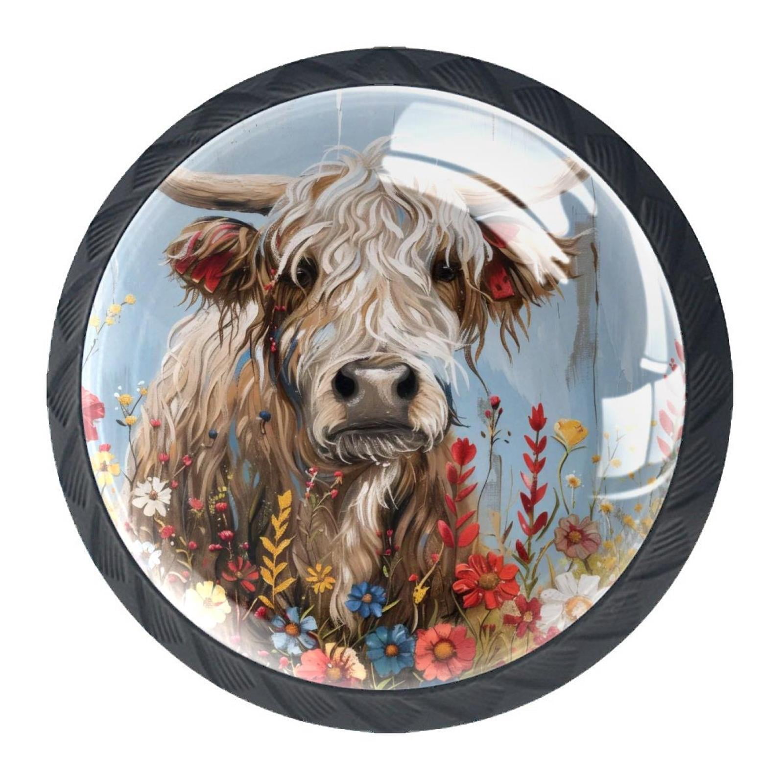4 Pack Black Drawer Knobs, Highland Cow Floral Farmhouse Cabinet Knobs ...