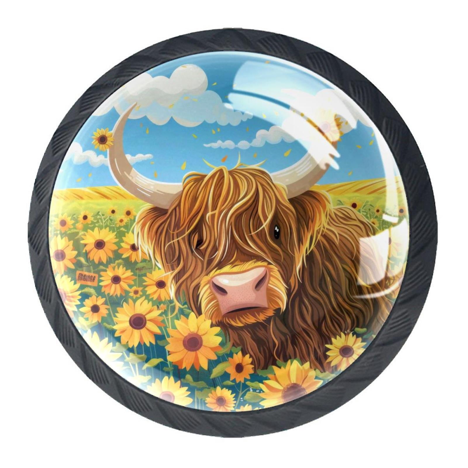 4 Pack Black Drawer Knobs, Highland Cow Sunflowers Cabinet Knobs Round ...
