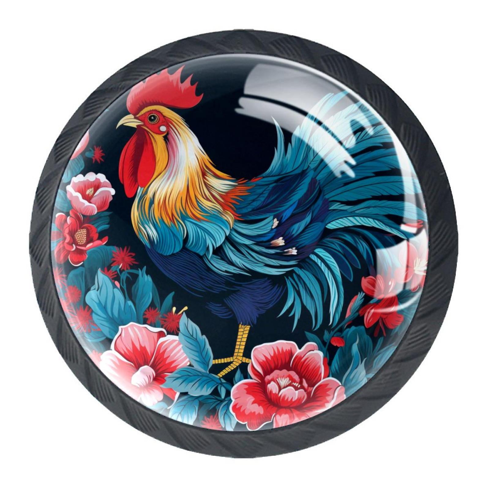 4 Pack Black Drawer Knobs, Rooster Flowers Cabinet Knobs Round Glass ...