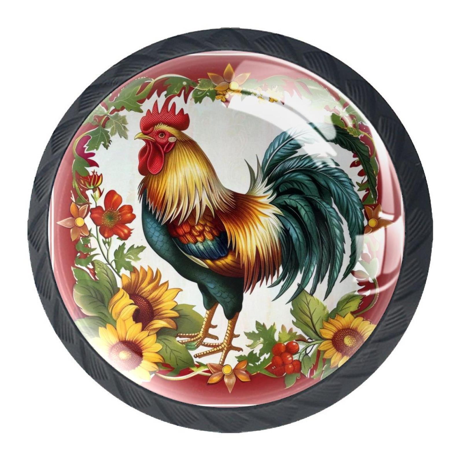 4 Pack Black Drawer Knobs, Rooster Sunflowers Cabinet Knobs Round Glass ...