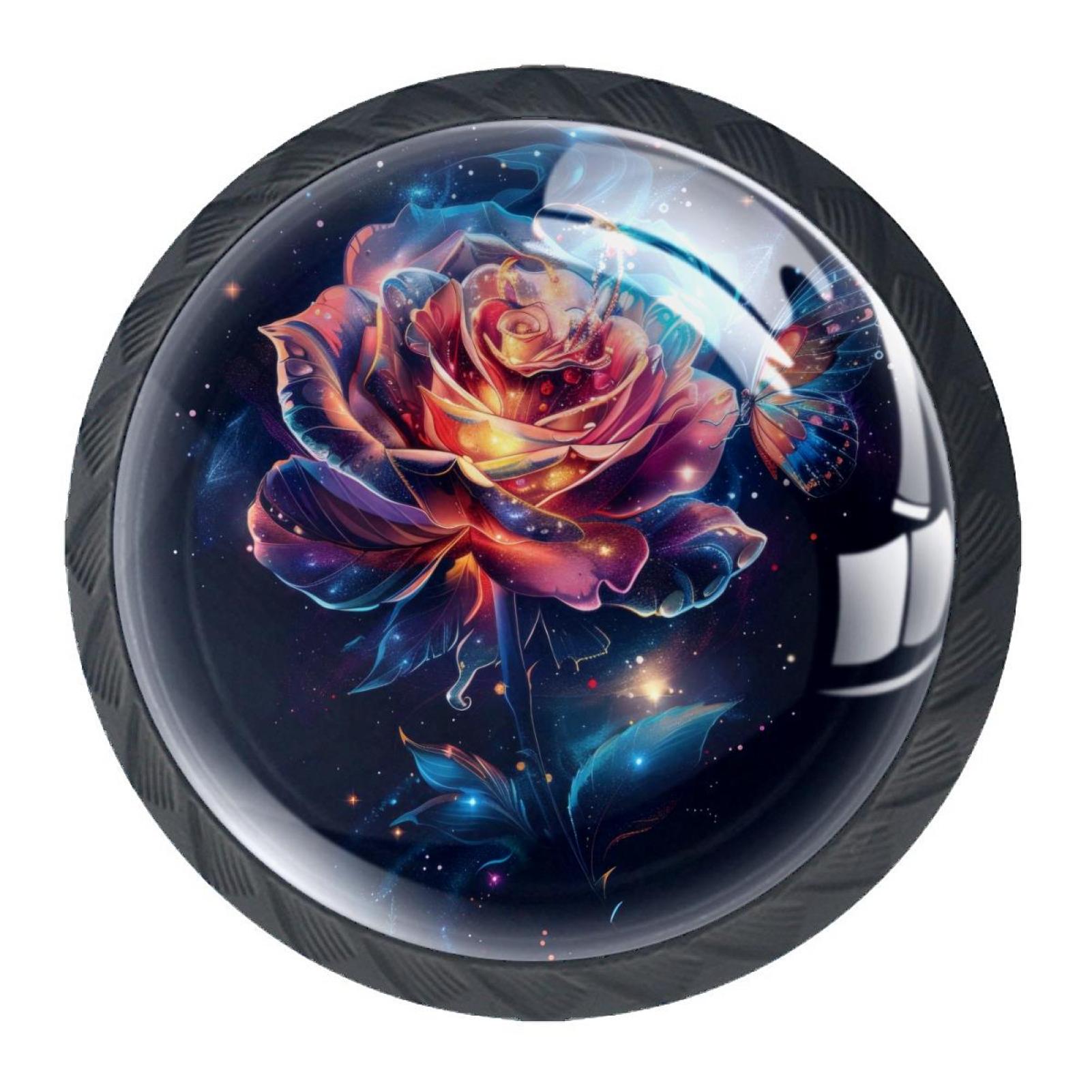 4 Pack Black Drawer Knobs, Rose and Butterfly Cabinet Knobs Round Glass ...