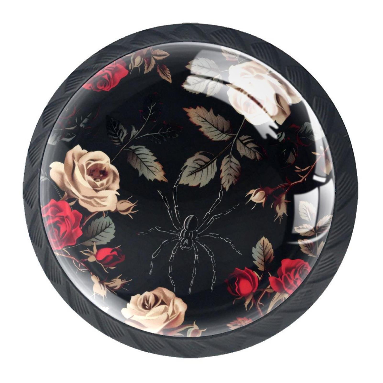 4 Pack Black Drawer Knobs, Spider and Roses Cabinet Knobs Round Glass ...