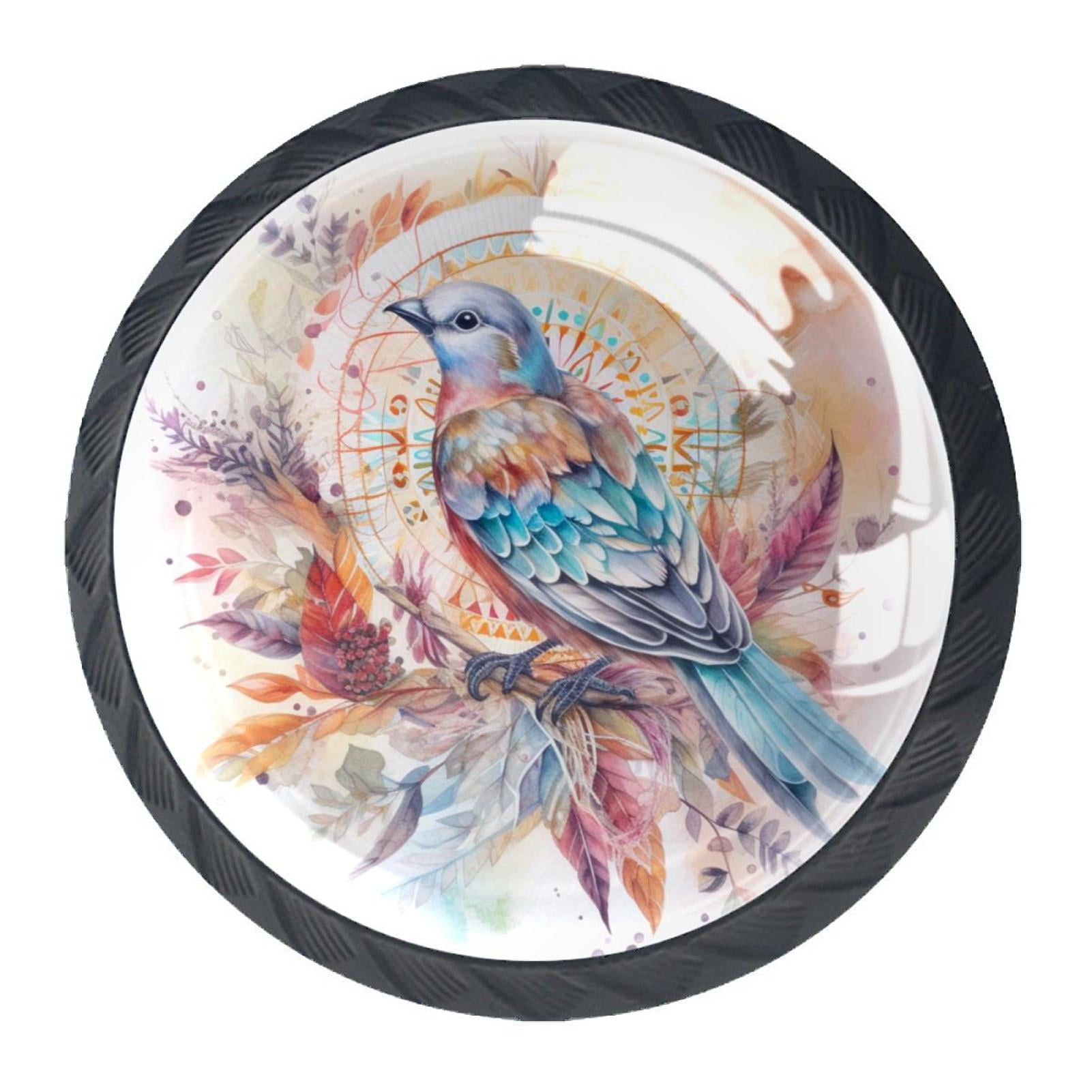 4 Pack Black Drawer Knobs, Watercolor Bird Leaves Cabinet Knobs Round ...