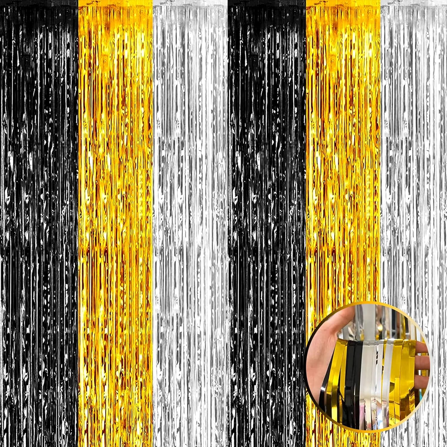 4 Pack Black Gold Silver Foil Fringe Curtain Backdrop, 3.28Ft x 8.2Ft ...