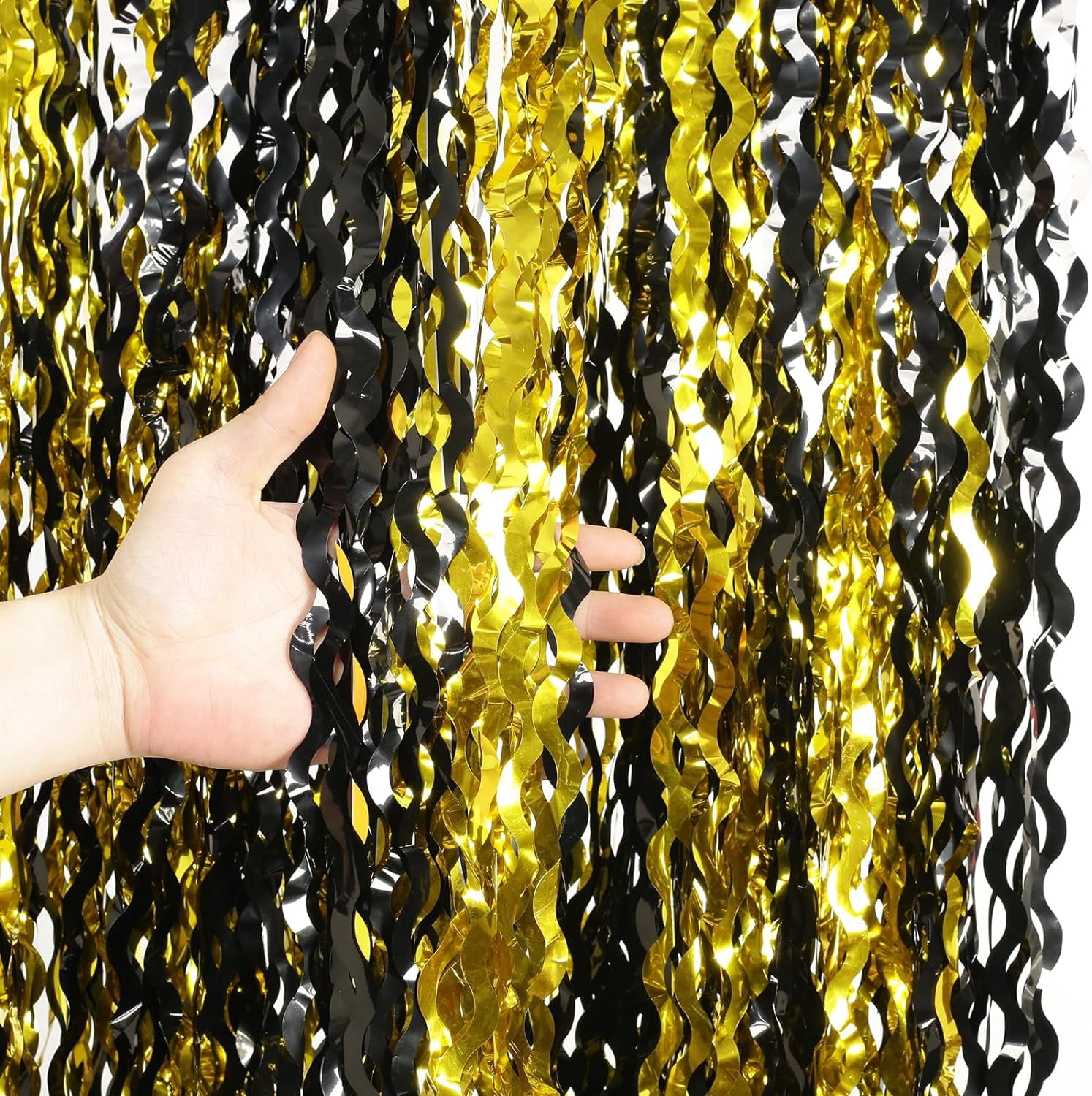 4 Pack Black and Gold Wavy Foil Fringe Curtains Pirthday Decorations,3. ...