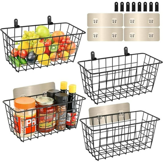 4 Pack Black Heavy Duty Hanging Wire Storage Baskets - Adhesive & Wall ...