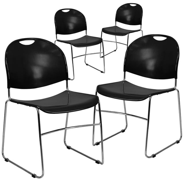 4 Pack - Black High Density, Ultra Compact Stack Chair w/ Chrome Frame ...