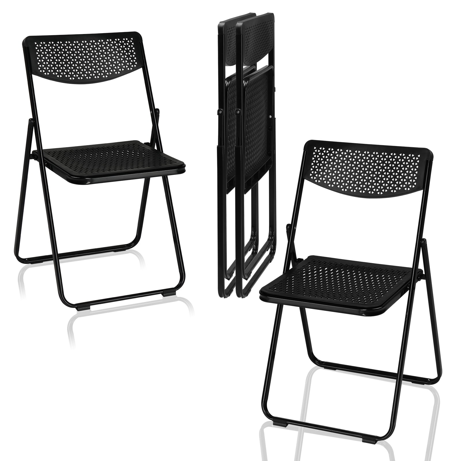 4-Pack Black Laser-Cut Floral Pattern Plastic Folding Chairs – Stylish ...