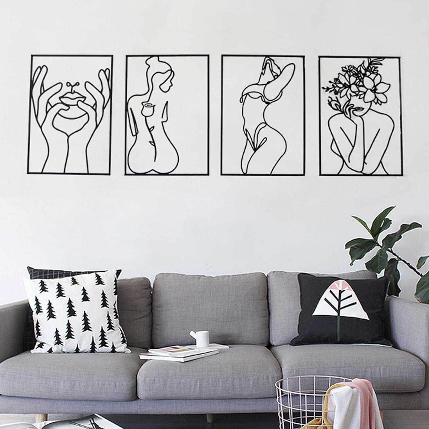 4-Pack Black Metal Minimalist Line Art - Abstract Woman Body Shape Wall ...