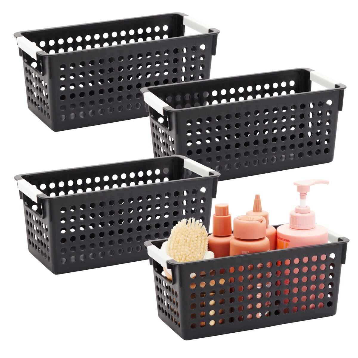 4-Pack Black Plastic Baskets for Organizing Bathroom, Laundry Room ...