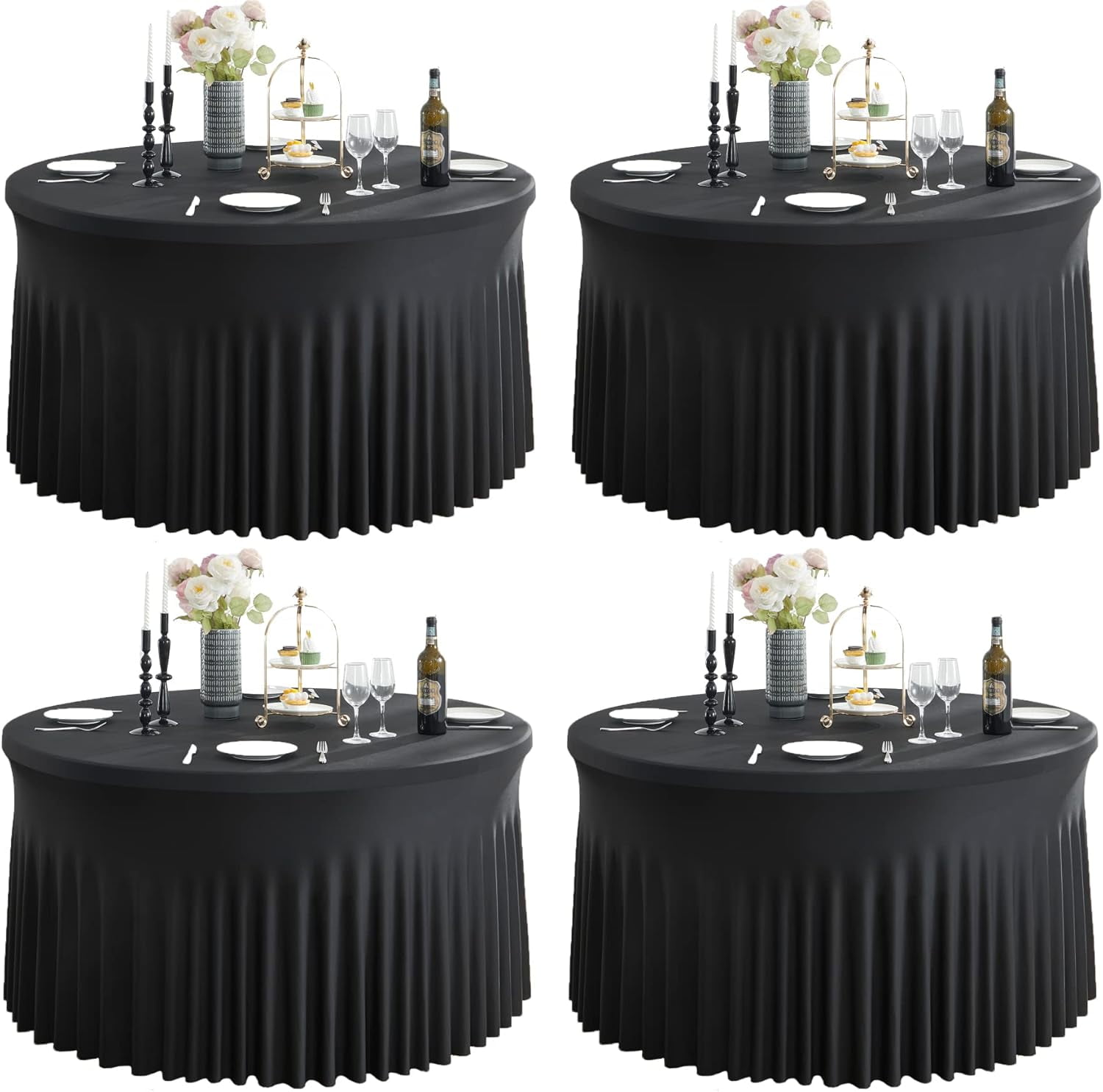 4 Pack Black Round Spandex Tablecloths for 72 inch Table, Wrinkle Free ...