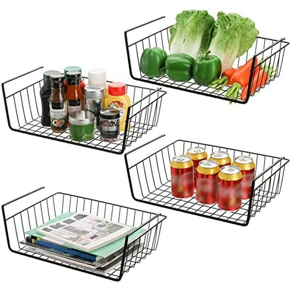 4 Pack Black Under Shelf Wire Basket, Hanging Storage Baskets Under ...