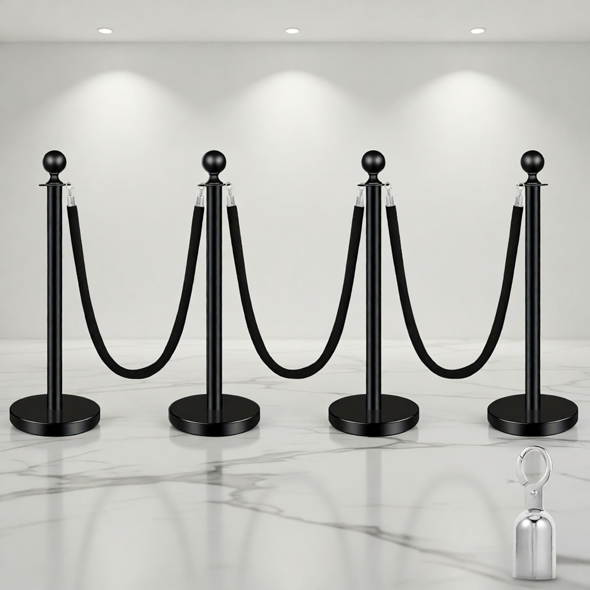 4-Pack Black Stanchions with Velvet Ropes | Heavy-Dust Crowd Control ...