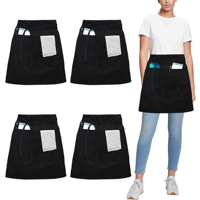 Erpangdo 3-Pocket Waist Apron, Waitress Half Apron, Black, 4-Pack ...