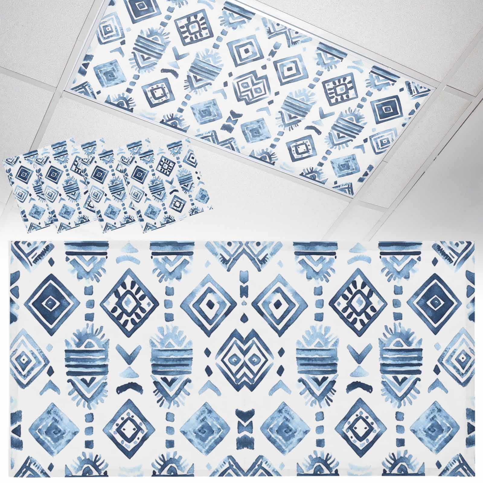 4 Pack Bohemia Fluorescent Light Covers for Ceiling Lights Blue Argyle Abstract Geometric ...