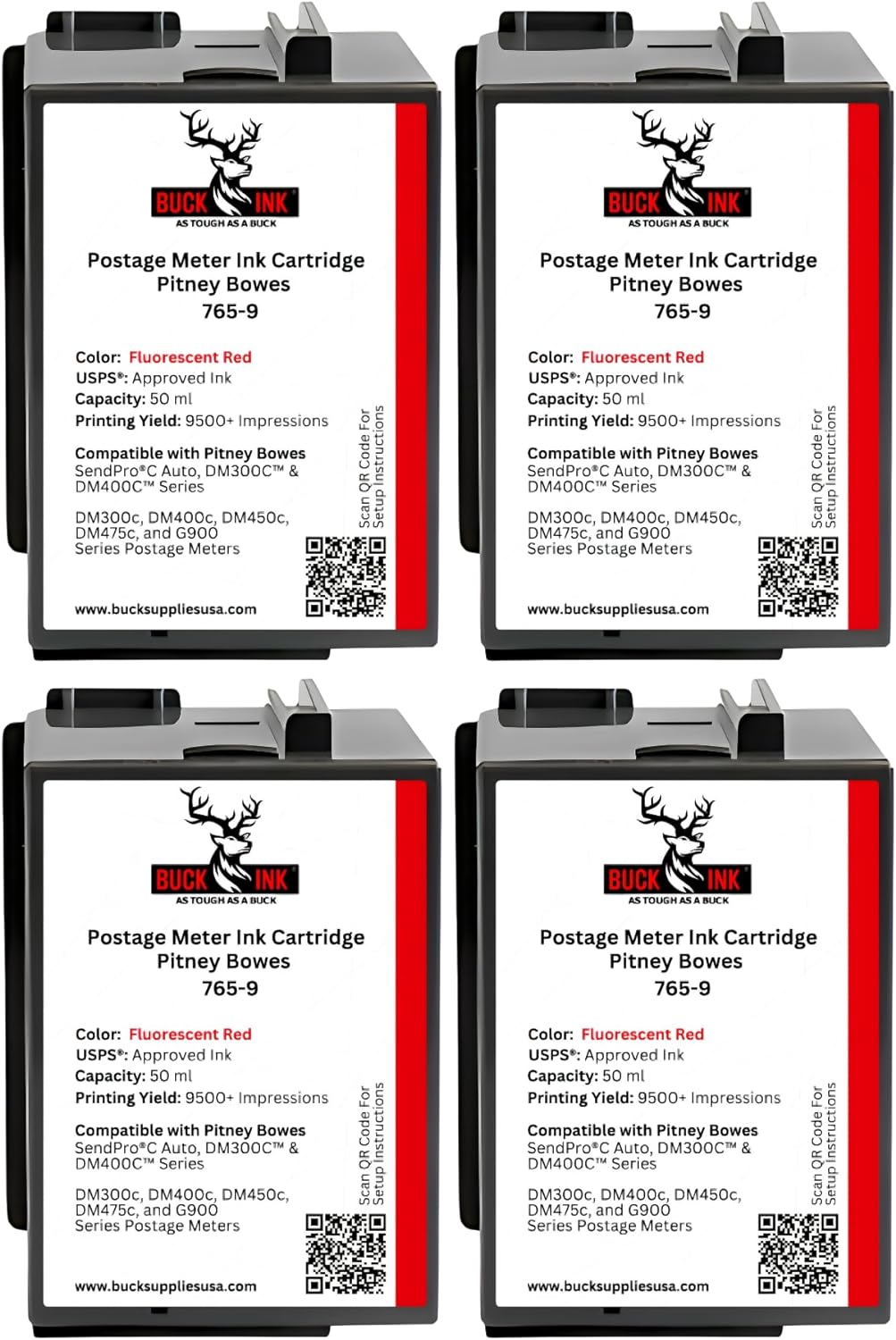 4 Pack Buck Pitney Bowes 765-9 Replacement Fluorescent Red Ink ...