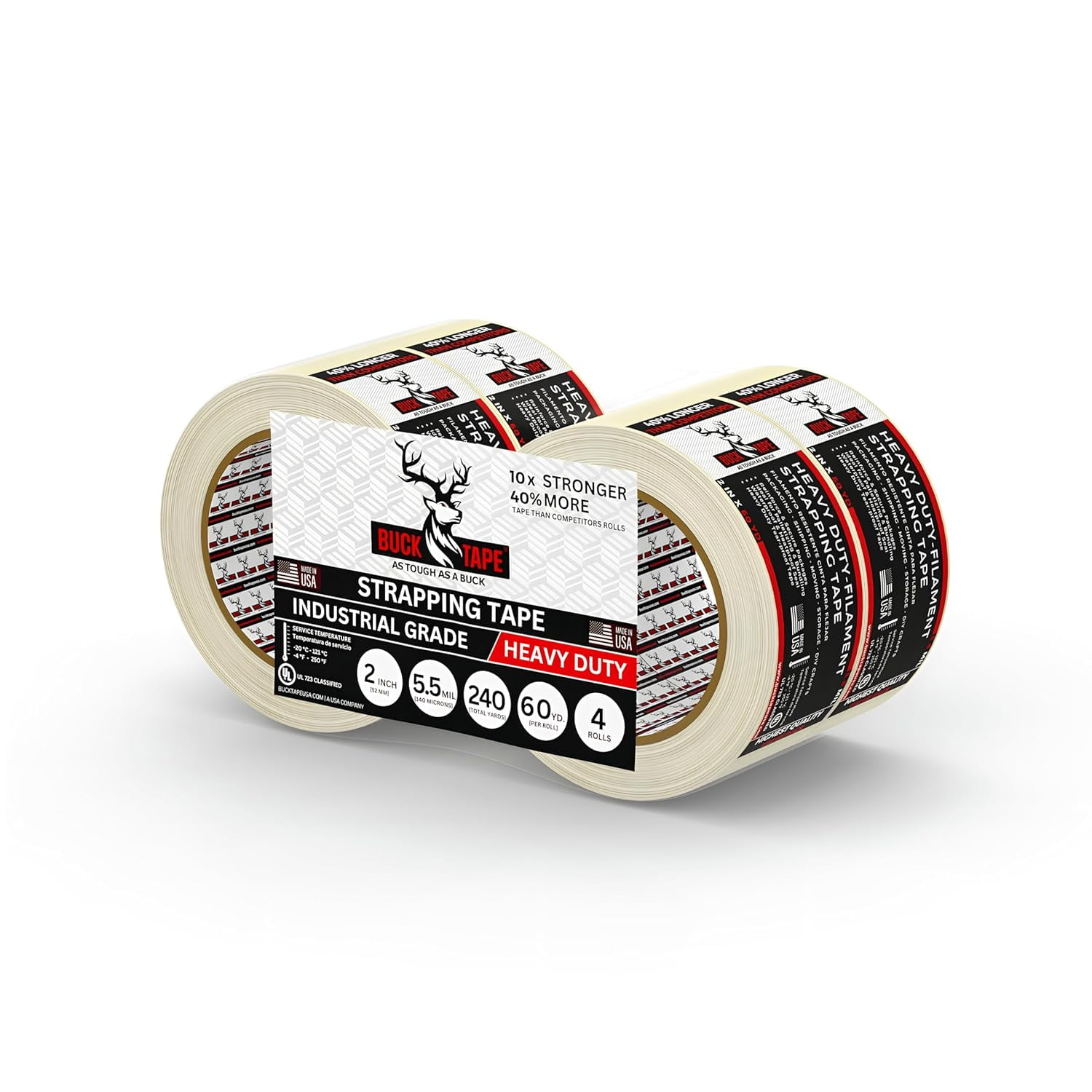 4 Pack Buck Strapping Tape 2 Inch x 60 Yds (180ft) - 5.5Mil Thickness ...