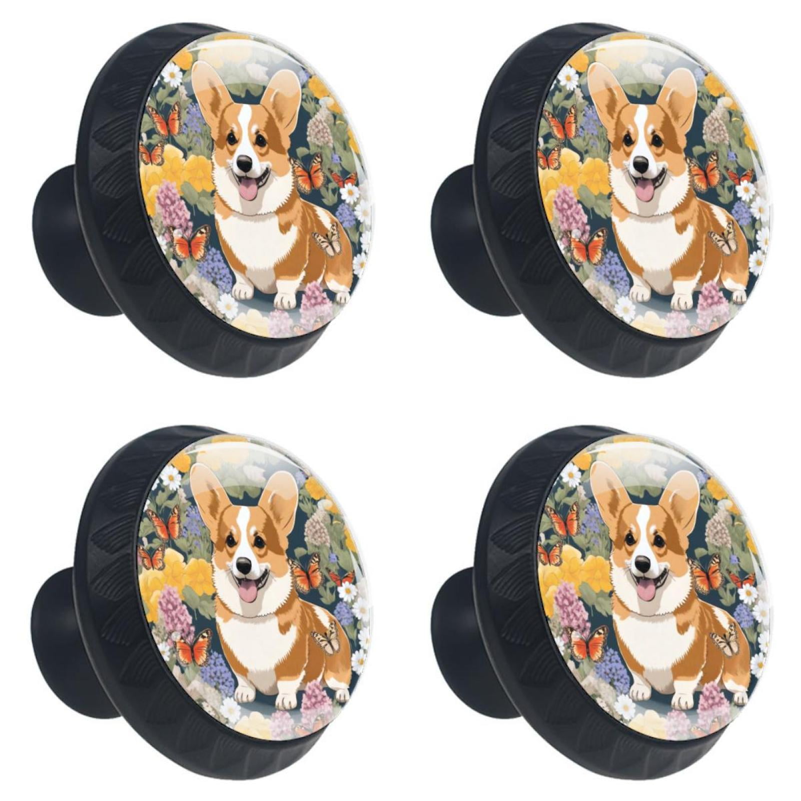 4 Pack Cabinet Knobs Corgi Butterfliy Flower Drawer Dresser Knobs Black ...