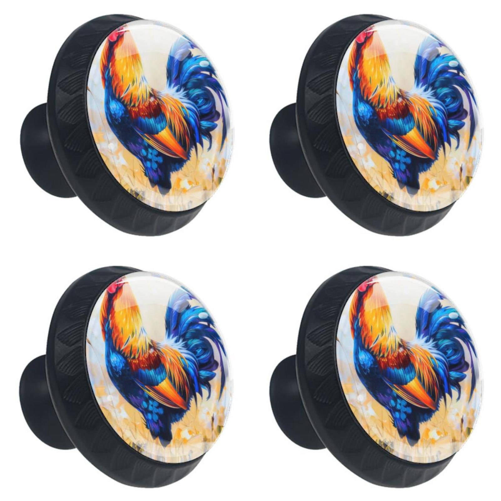 4 Pack Cabinet Knobs Rooster Watercolor Drawer Dresser Knobs Black ...