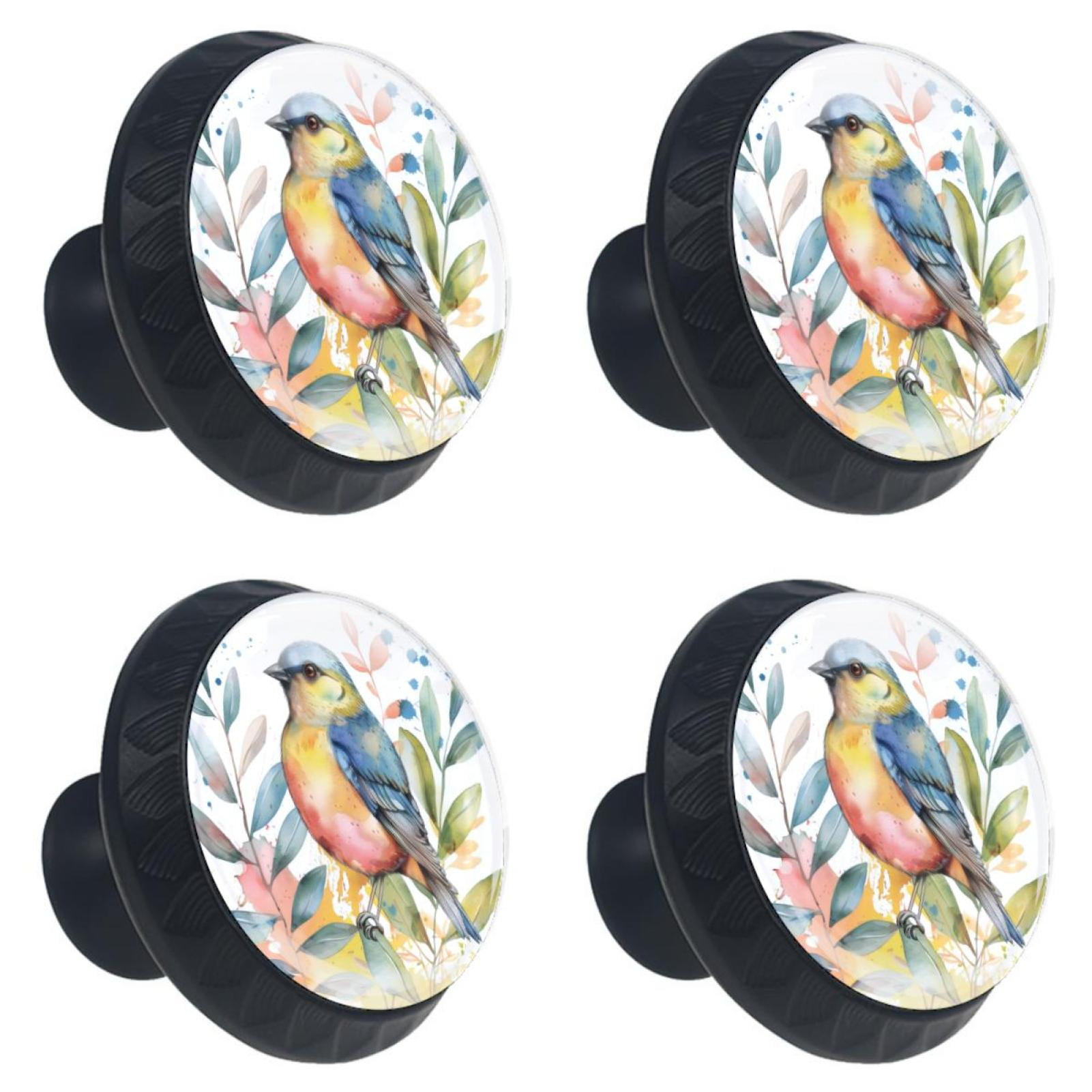 4 Pack Cabinet Knobs Watercolor Bird Leaves Drawer Dresser Knobs Black ...