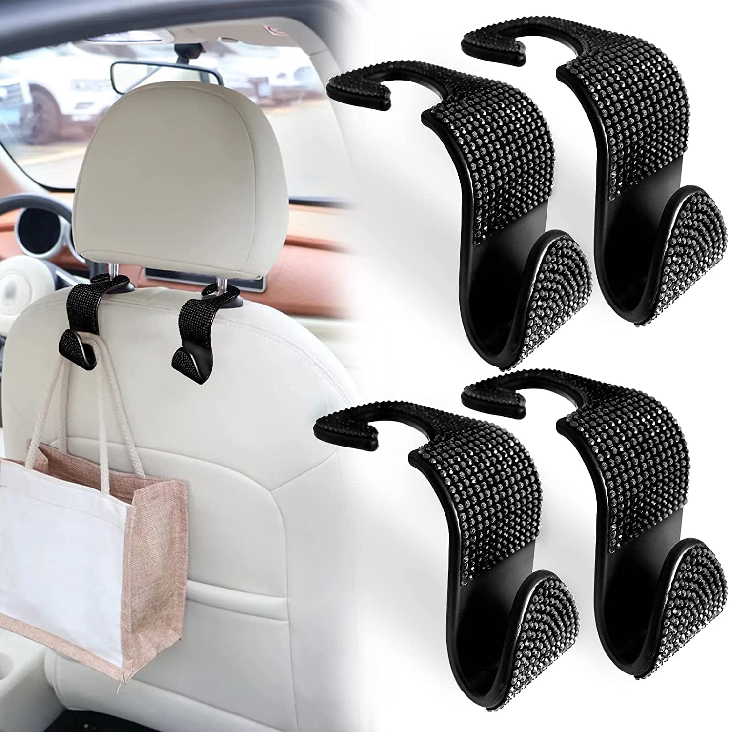 4 Pack Car Hooks, Bling Car Seat Headrest Hooks, Universal Car Interior ...