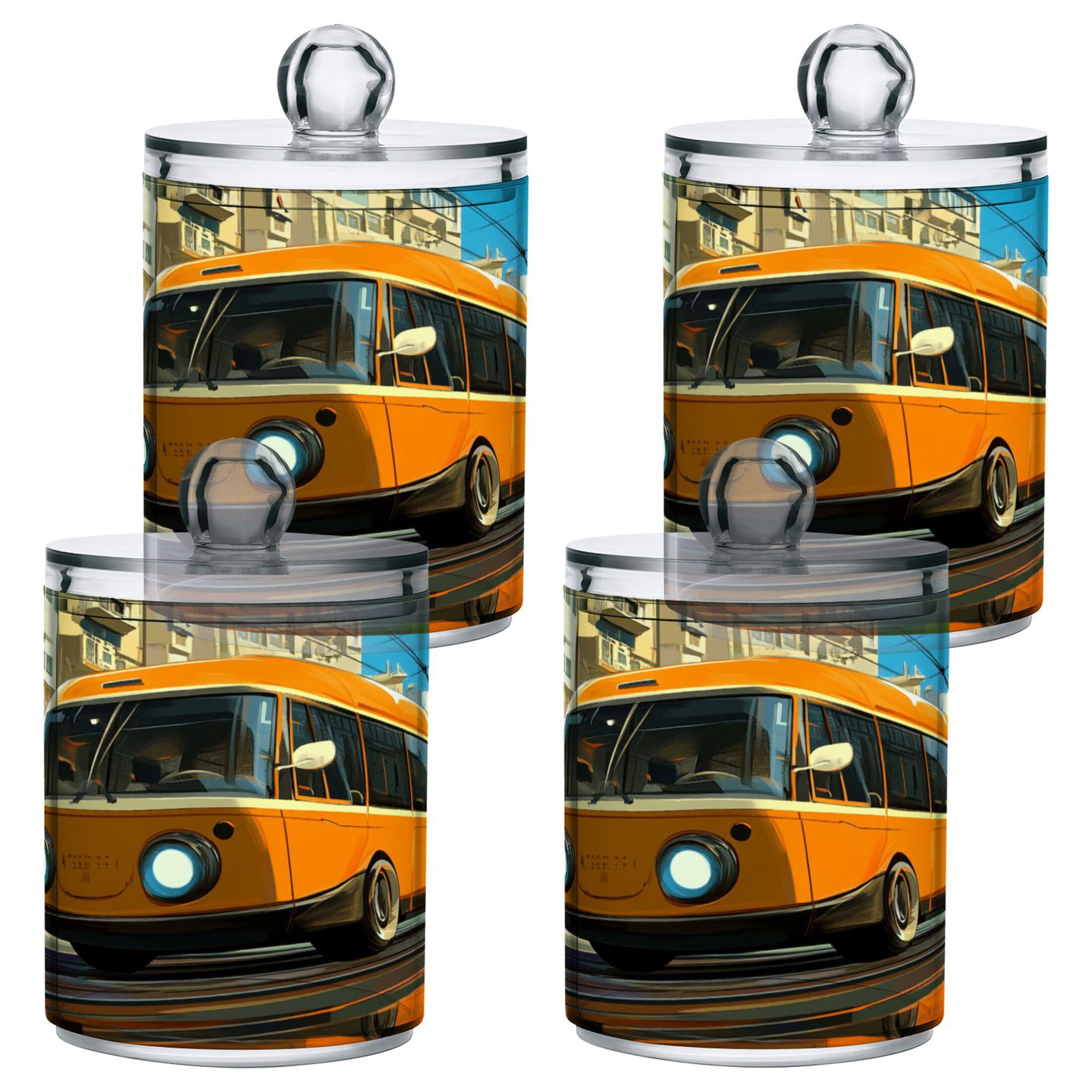 4 Pack Cartoon Bus on Road Qtip Holder Dispenser Clear Plastic Storage ...