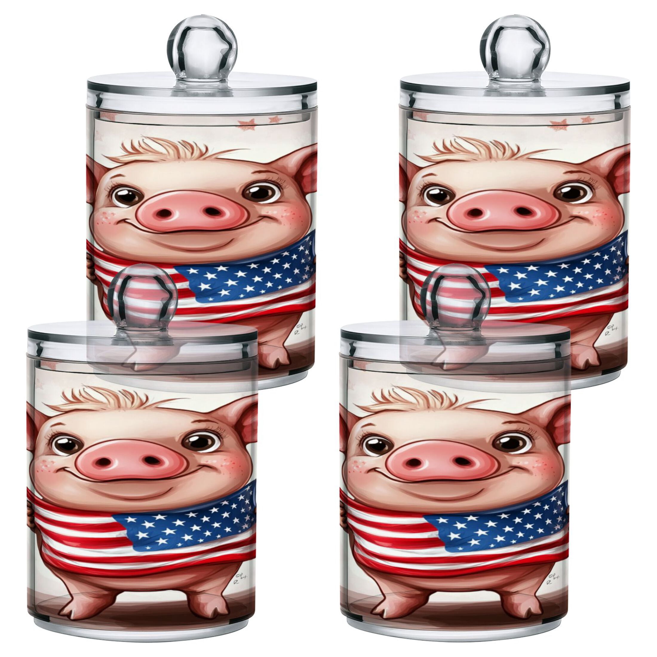 4 Pack Cartoon Pig with Usa Flag Qtip Holder Dispenser Clear Plastic ...