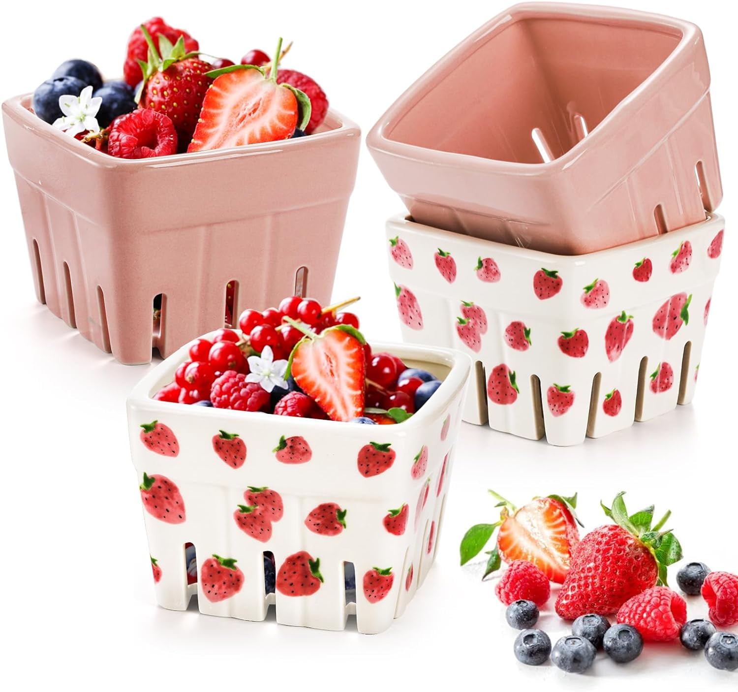 4 Pack Ceramic Berry Basket, Square Fruit Bowls, Kawaii Strawberry ...