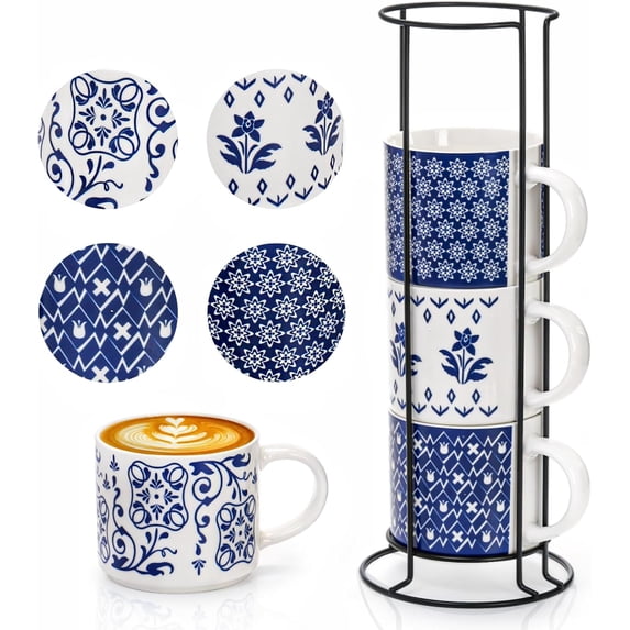 4 Pack Ceramic Coffee Mug Set with Rack, 16 OZ Stackable Cappuccino ...