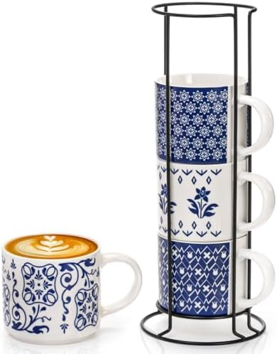 4 Pack Ceramic Coffee Mug Set with Rack, 16 OZ Stackable Cappuccino ...