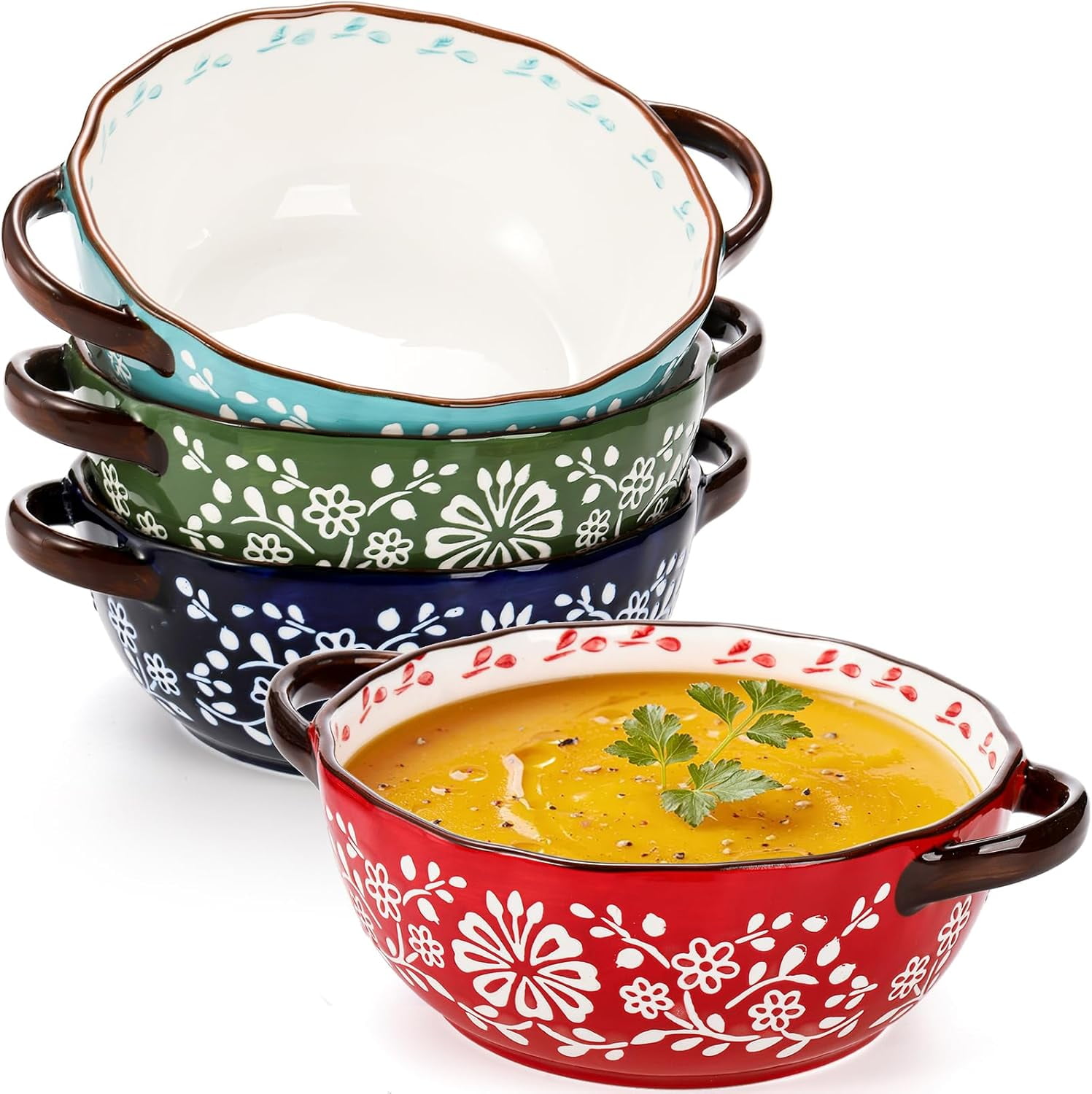 4 Pack Ceramic Soup Bowls with Handles, 24 Oz French Onion Crocks ...