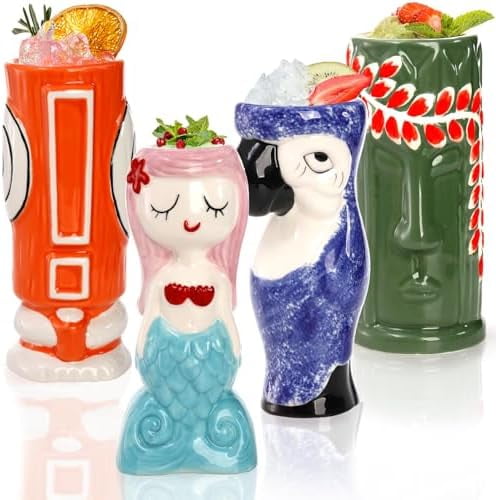 4 Pack Ceramic Tiki Mugs, Exotic Tiki Glasses for Cocktails, Hawaiian ...