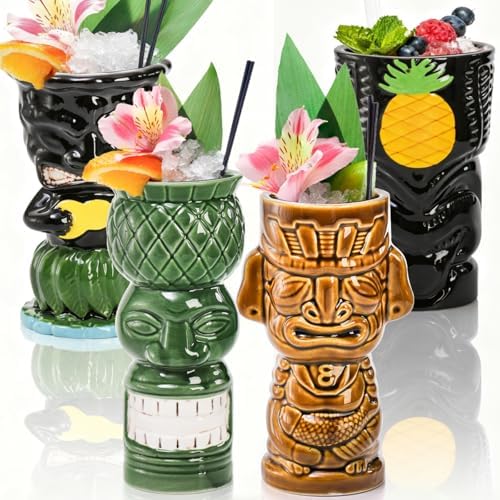 4 Pack Ceramic Tiki Mugs, Large Hawaiian Tiki Glasses, Exotic Zombie ...