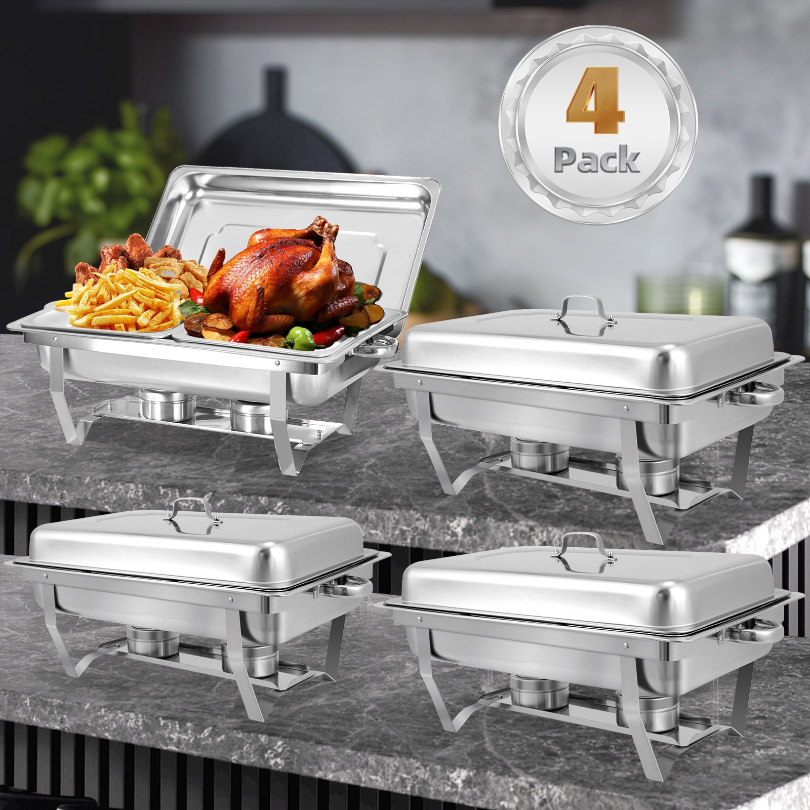 4 Pack Chafing Dish Buffet Set 8QT ，201 Stainless Steel Food Warmer ...