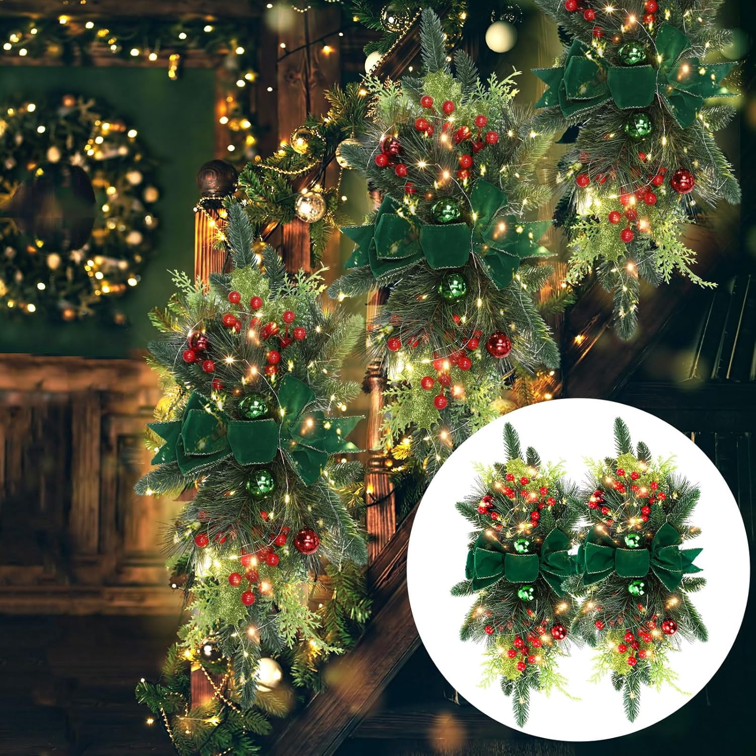 4 Pack Christmas Artificial Swags 24" Xmas Cordless Prelit Stairway ...