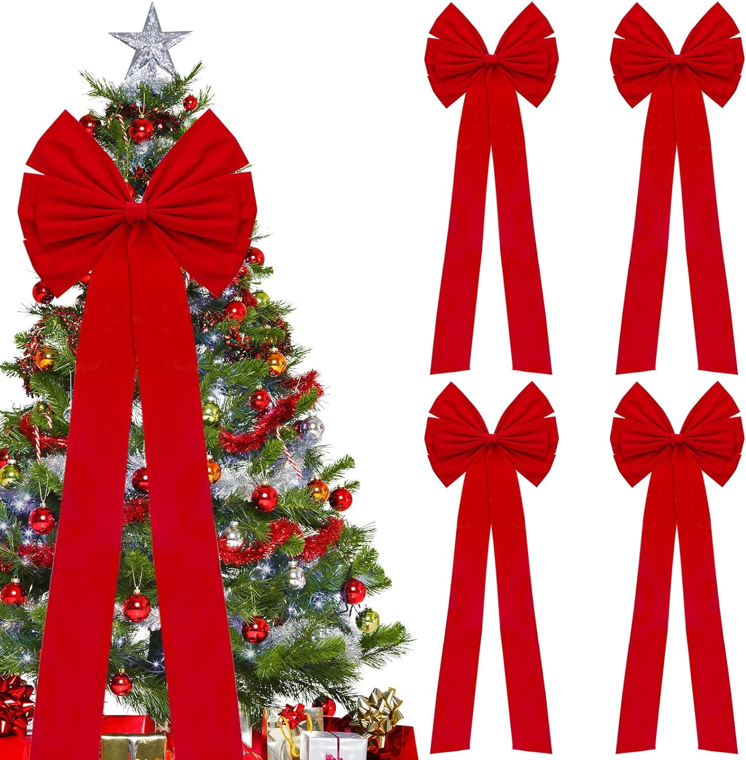 4 Pack Christmas Bows Decoration Large, 18”x35” Car Bow, Christmas Tree ...