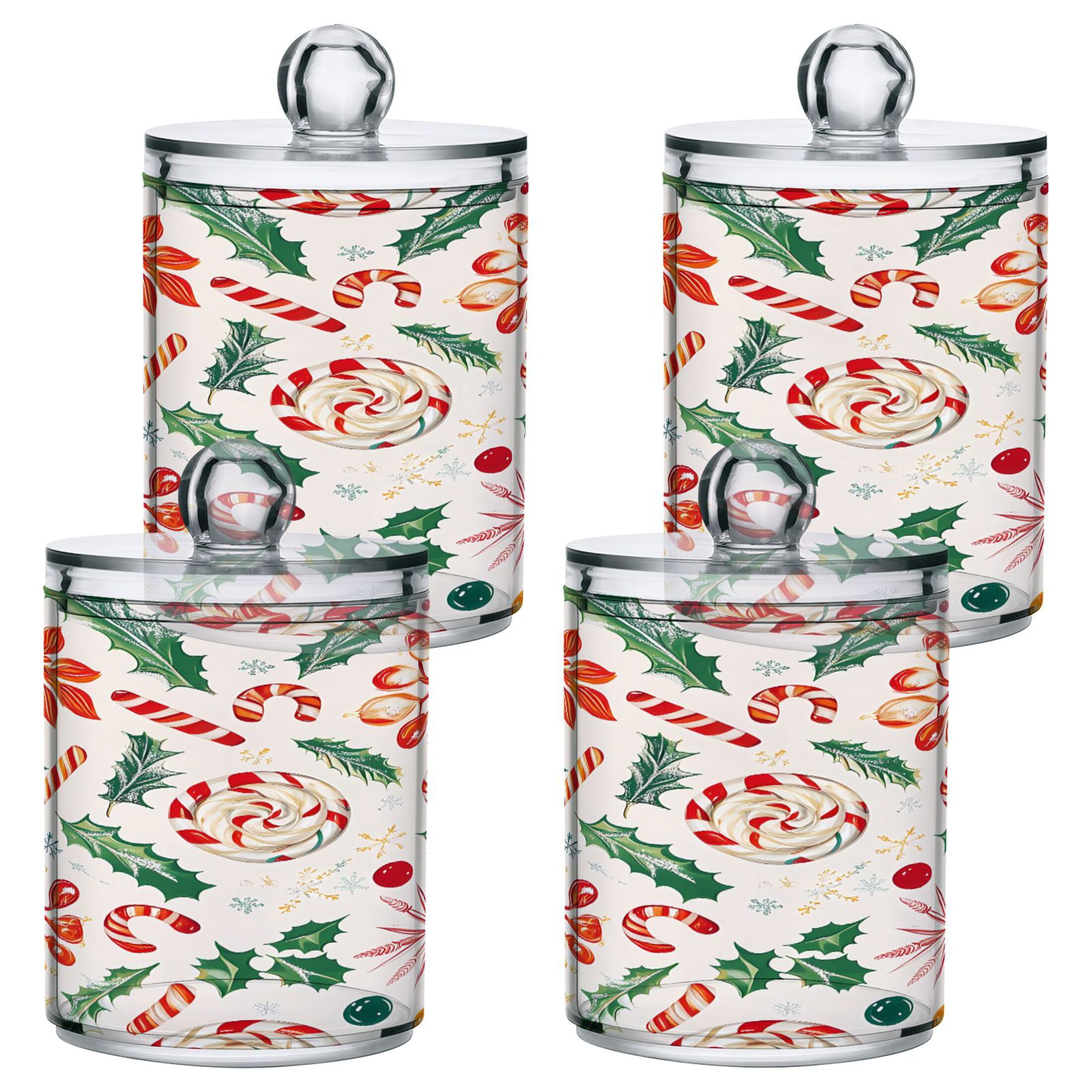 4 Pack Christmas Candy Canes Holly Leaves Qtip Holder Dispenser Clear ...
