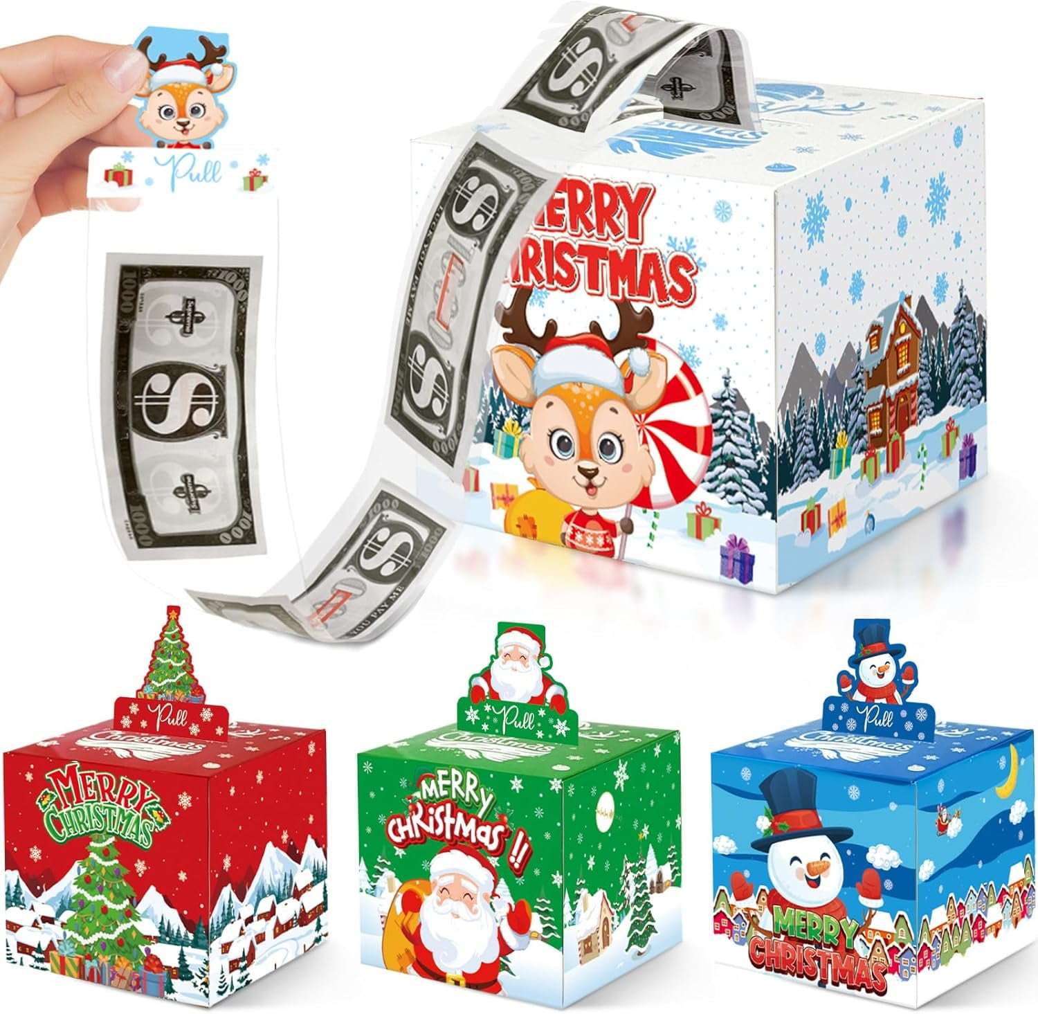 4 Pack Christmas Money Box for Cash Gift Pull,Christmas Tree & Snowman ...