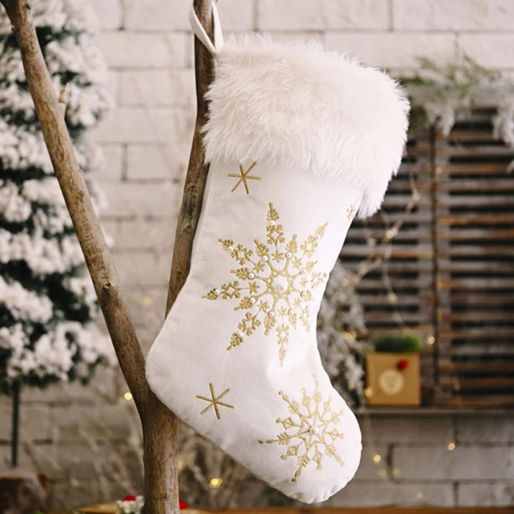 4 Pack Large White Christmas Stockings with Silver Gold Snowflake, Fur ...