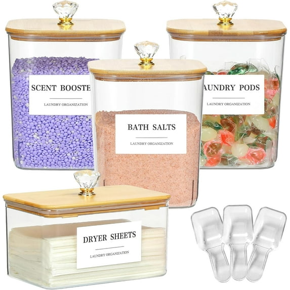 4 Pack Clear Laundry Pods Container & Dryer Sheet Holder Set with Lid ...